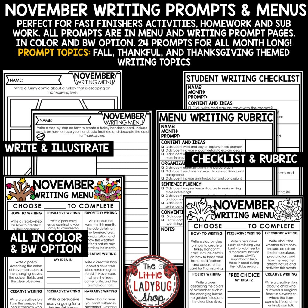 November Writing Prompts Choice Board - The Little Ladybug Shop