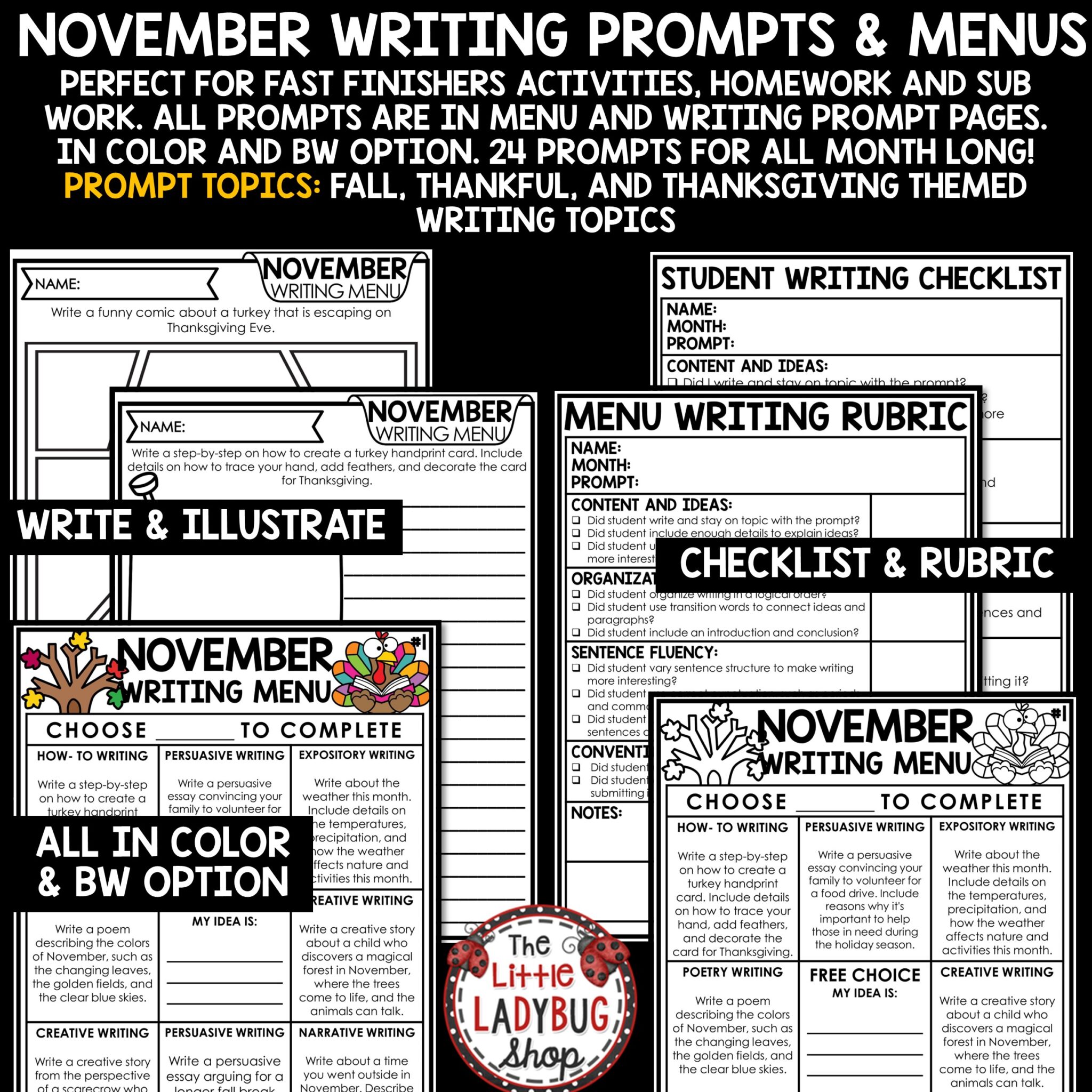 November Writing Prompts Choice Board - The Little Ladybug Shop