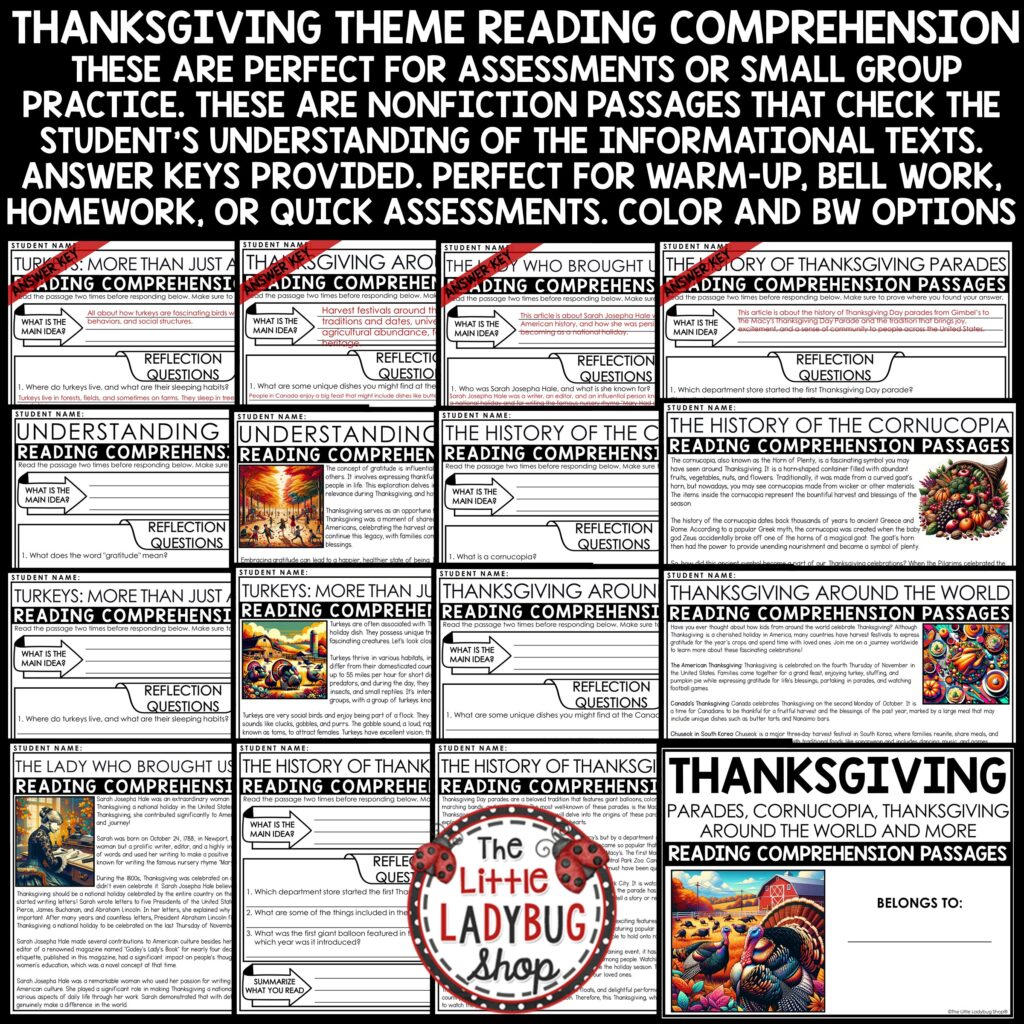 Thanksgiving November Reading Passages - The Little Ladybug Shop