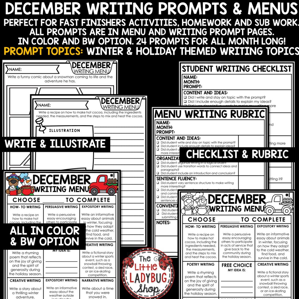 December Writing Prompts Choice Board - The Little Ladybug Shop