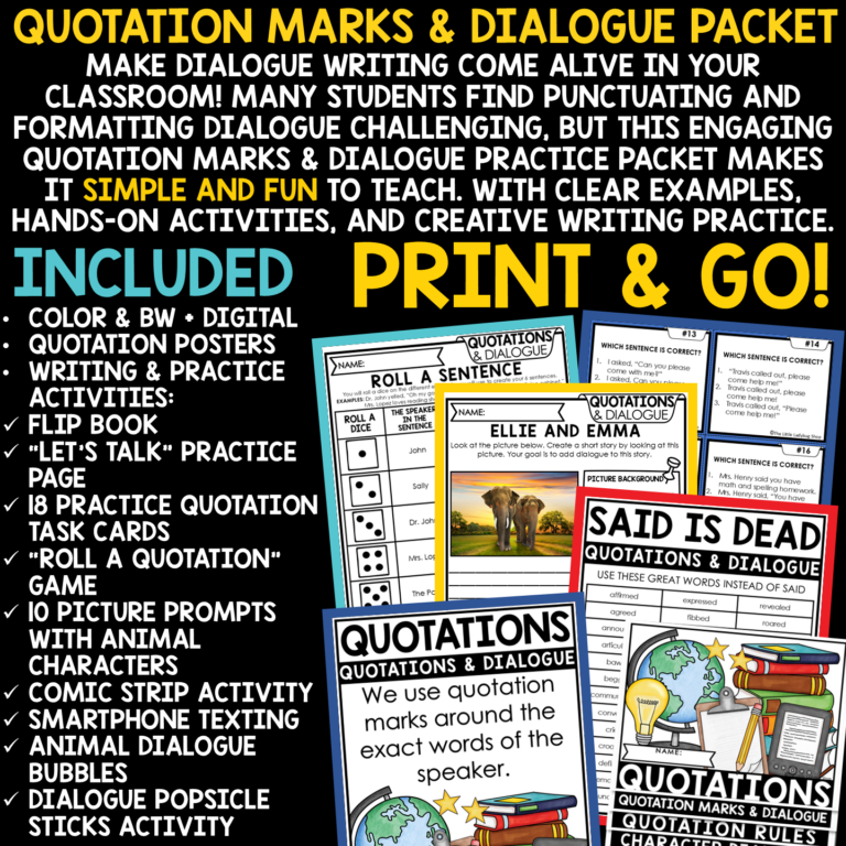 Quotation Marks and Dialogue Grammar Practice Worksheets - The Little ...
