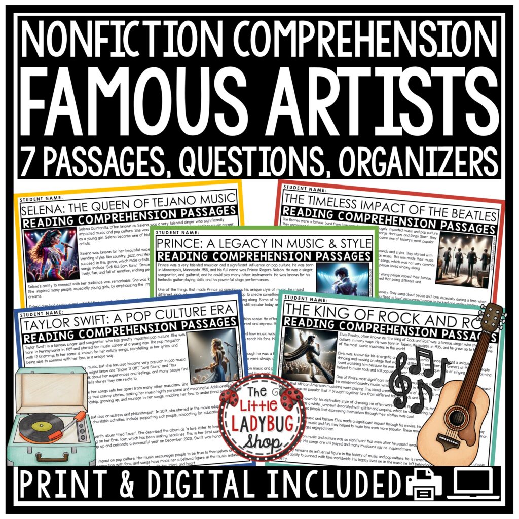 Famous Pop Music Artists Reading Passages - The Little Ladybug Shop