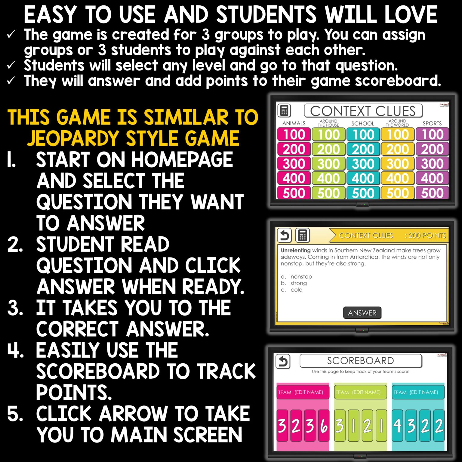 Context Clues Reading Test Prep Jeopardy Game - The Little Ladybug Shop