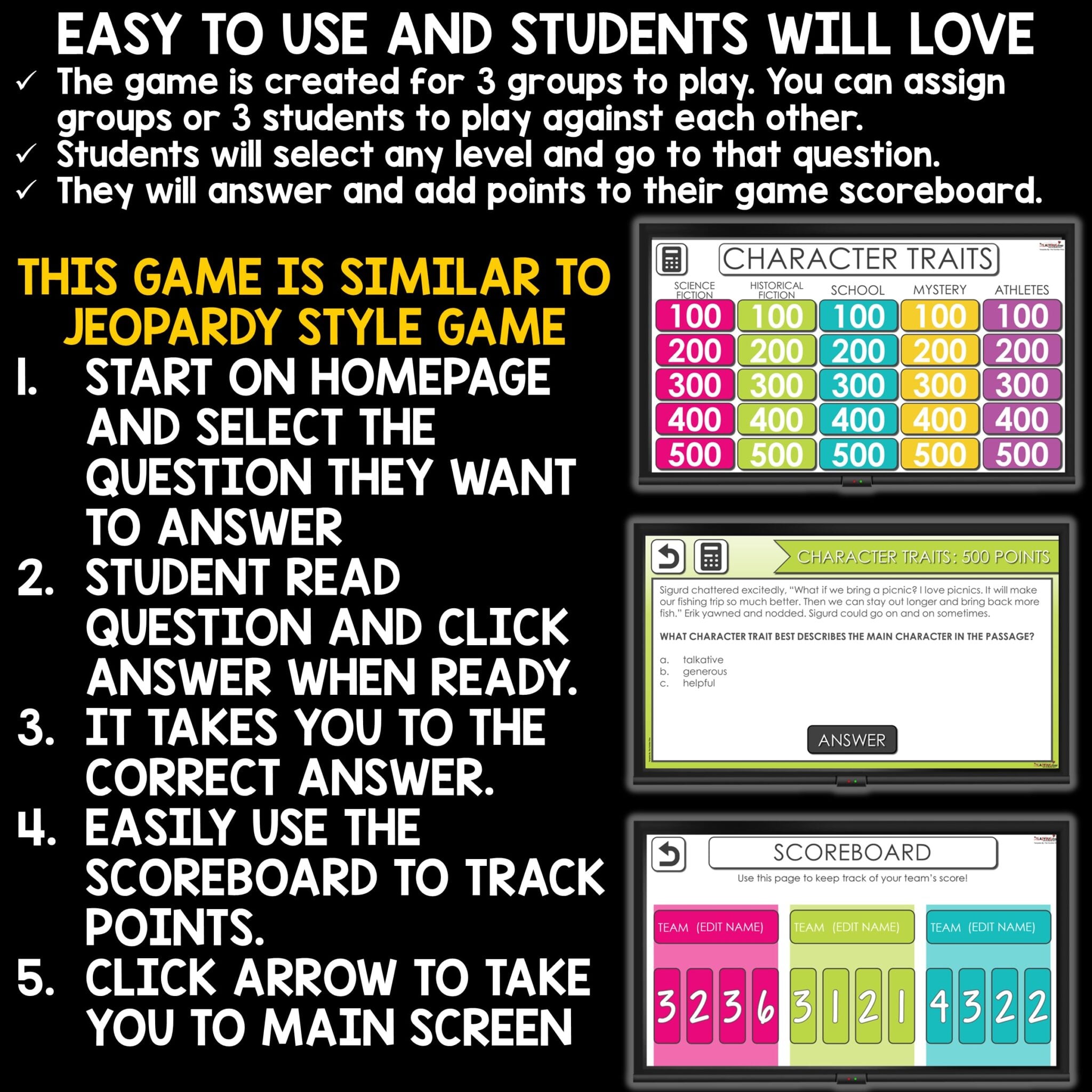 Character Traits Reading Test Prep Jeopardy Game - The Little Ladybug Shop
