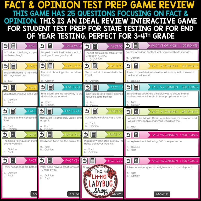 Fact & Opinion Reading Test Prep Jeopardy Game - The Little Ladybug Shop