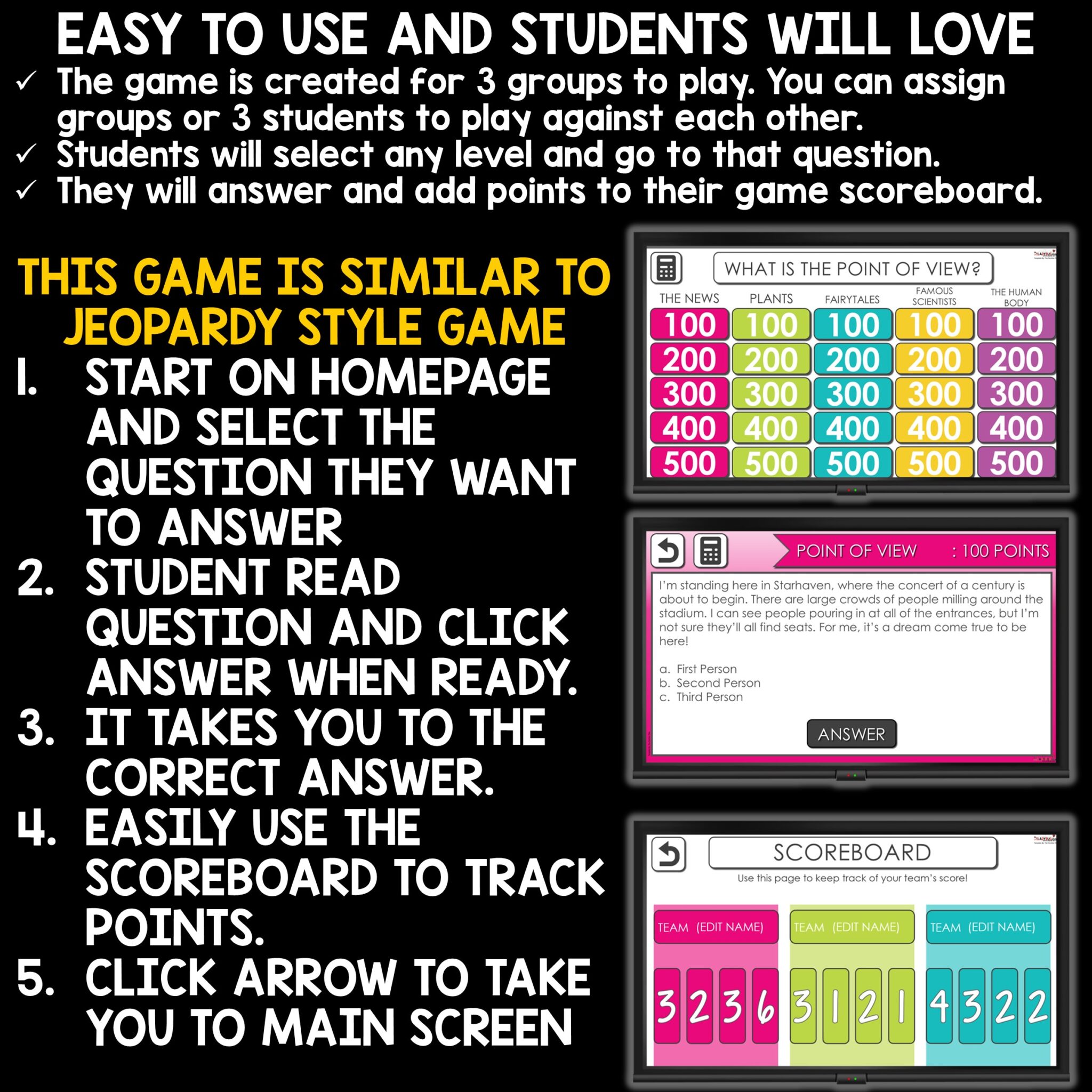 Point of View Reading Test Prep Jeopardy Game - The Little Ladybug Shop