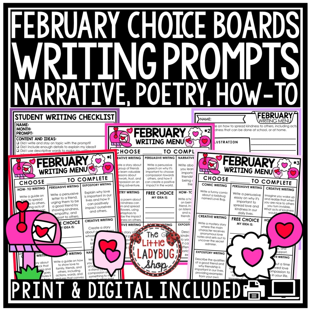 February Writing Prompts Choice Board - The Little Ladybug Shop