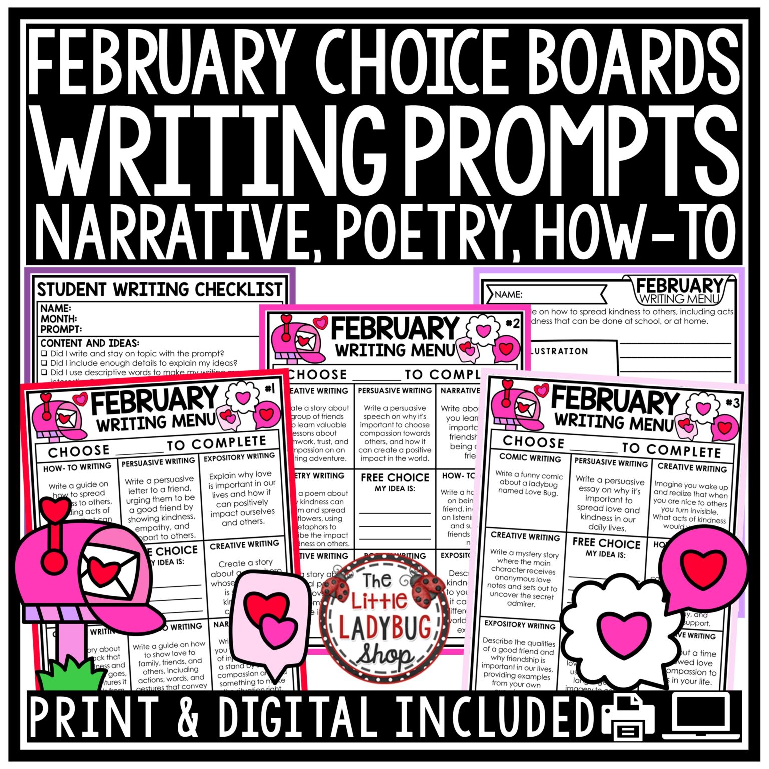 February Writing Prompts Choice Board - The Little Ladybug Shop