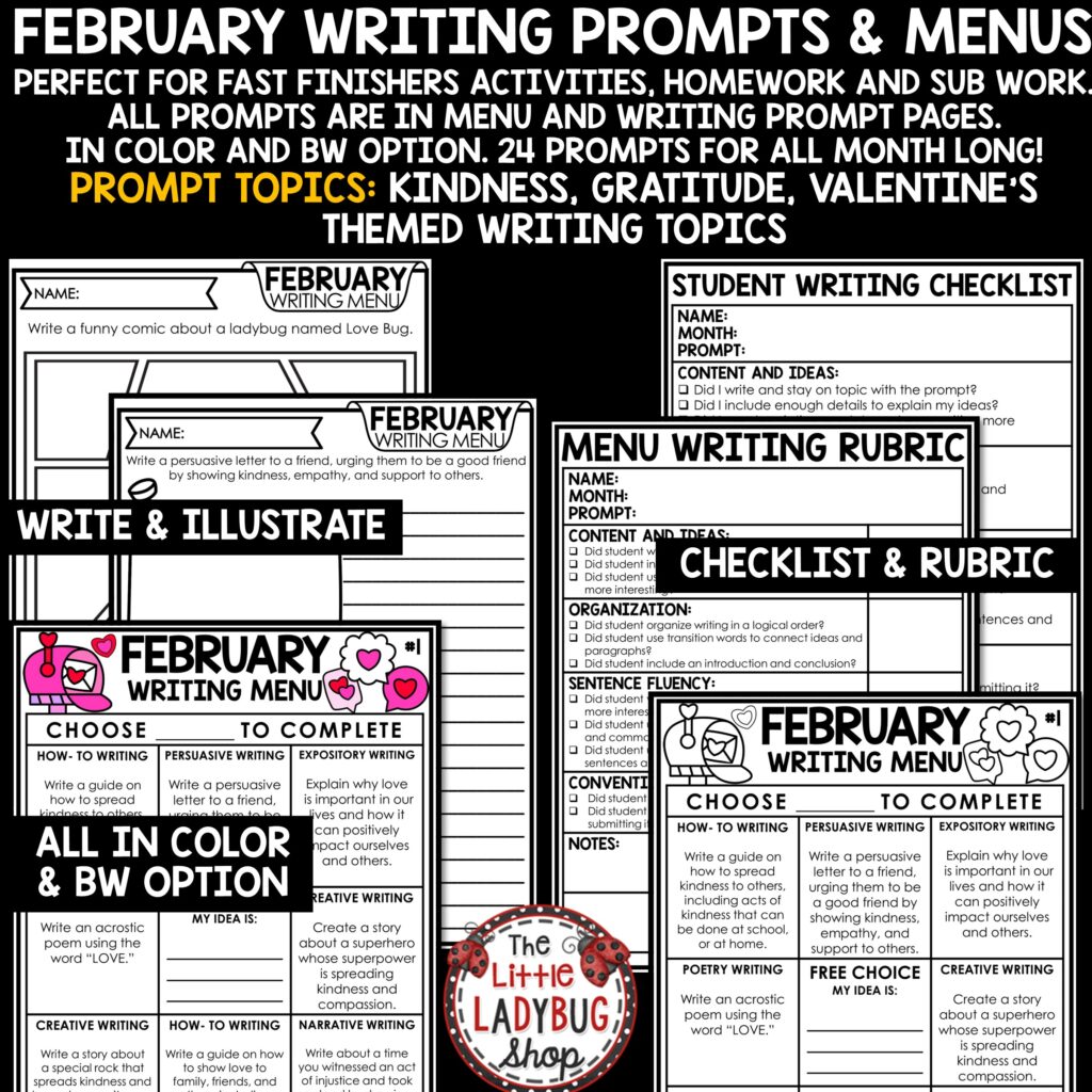 February Writing Prompts Choice Board - The Little Ladybug Shop