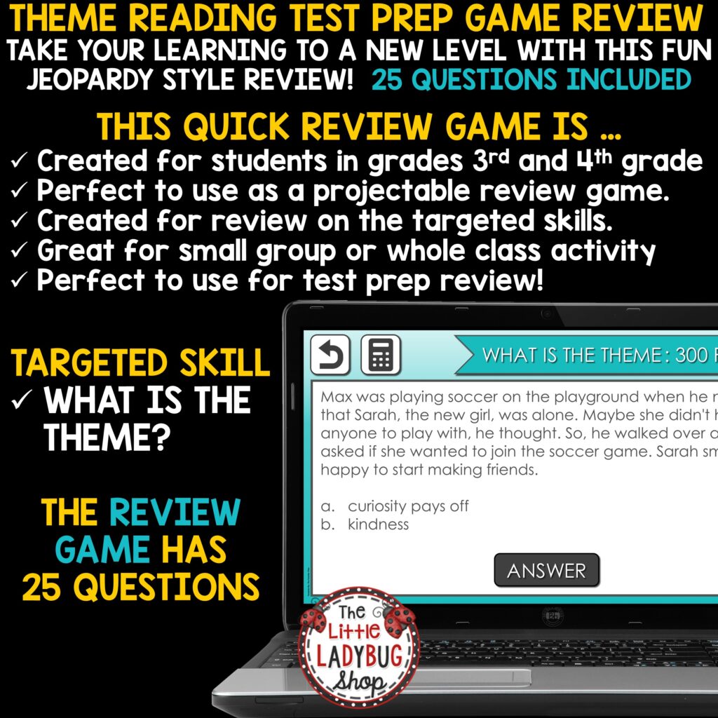 Teaching Theme Reading Test Prep Jeopardy Game - The Little Ladybug Shop