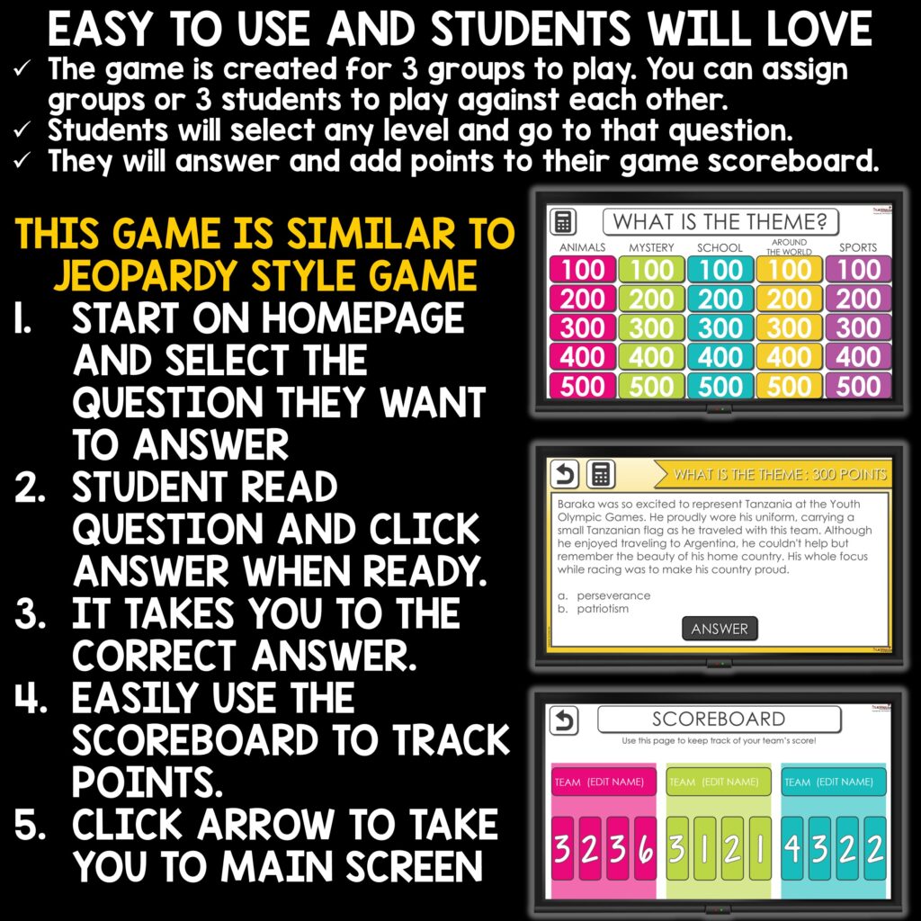 Teaching Theme Reading Test Prep Jeopardy Game - The Little Ladybug Shop