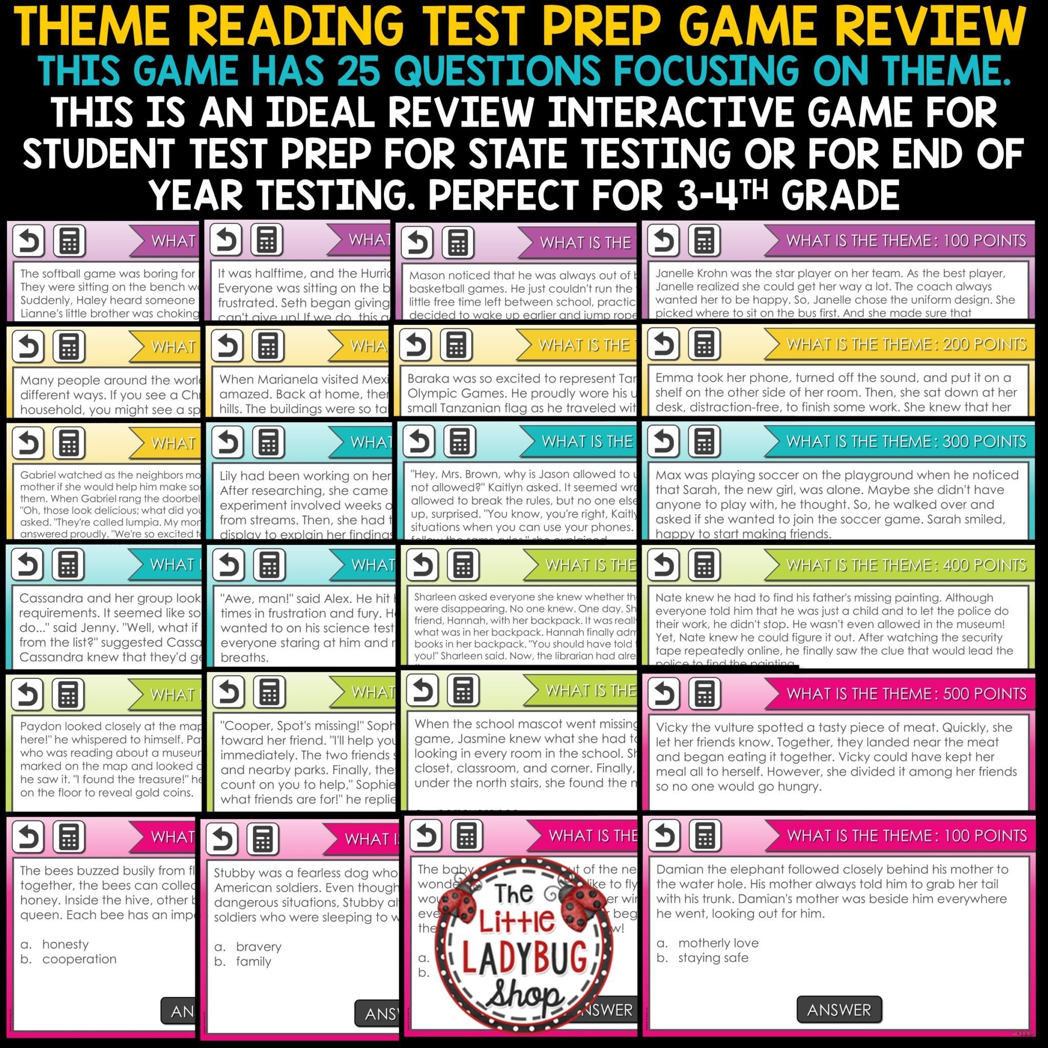 Teaching Theme Reading Test Prep Jeopardy Game - The Little Ladybug Shop