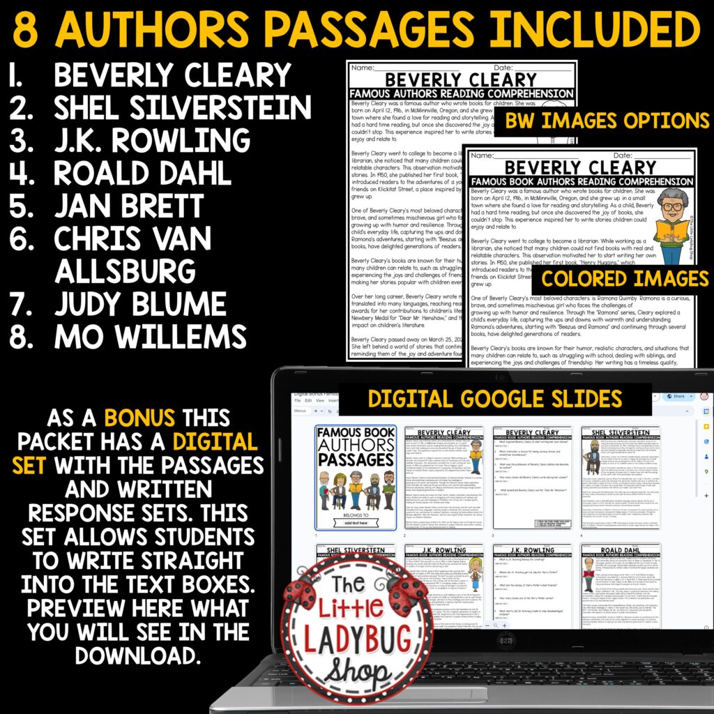 Famous Authors Biography Reading Comprehension Passages - The Little ...