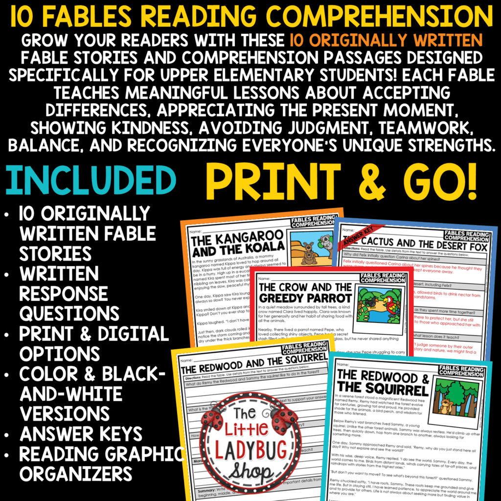 Fables Reading Passages Graphic Organizers Finding the Theme Activities ...