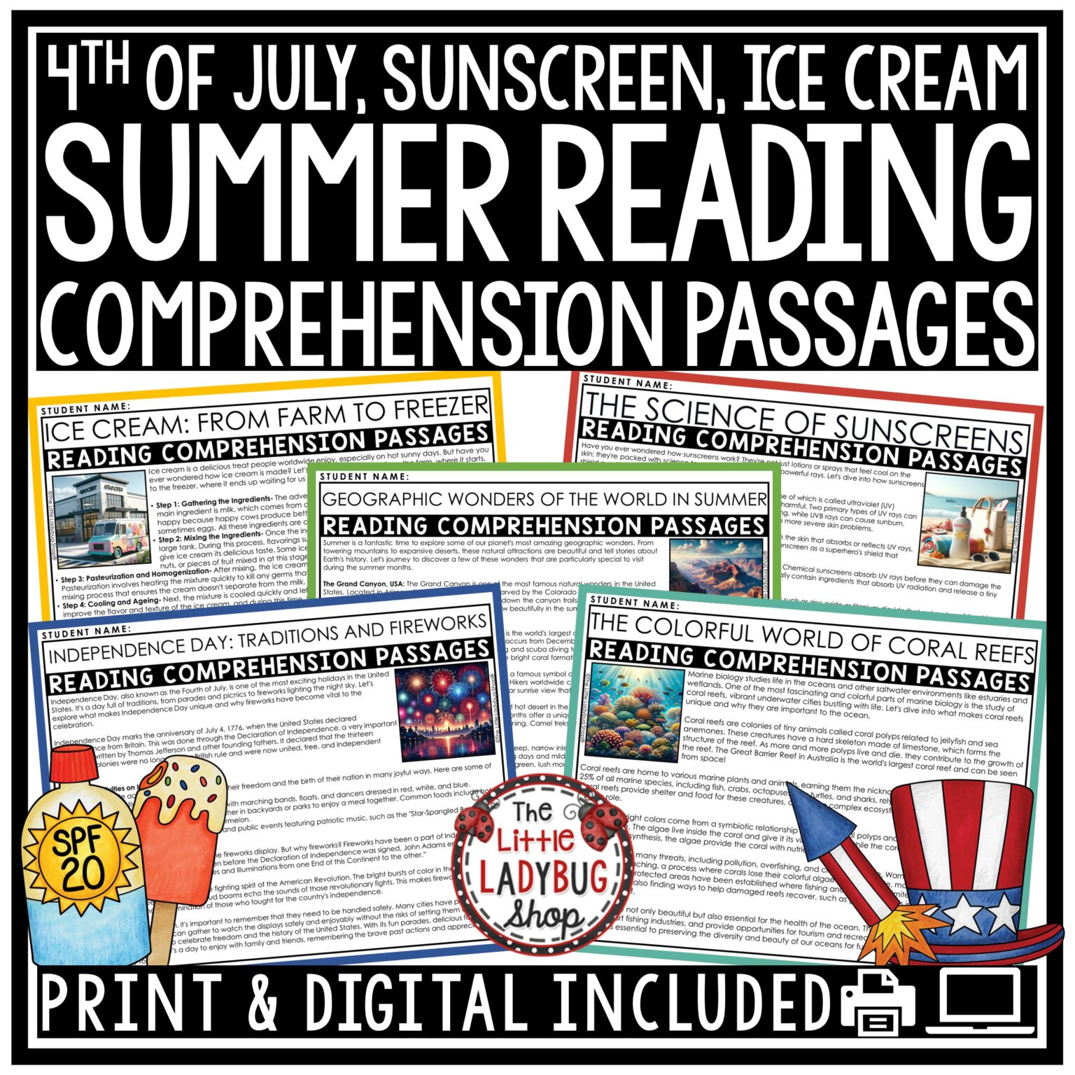 Summer June July Reading Comprehension Passages - The Little Ladybug Shop