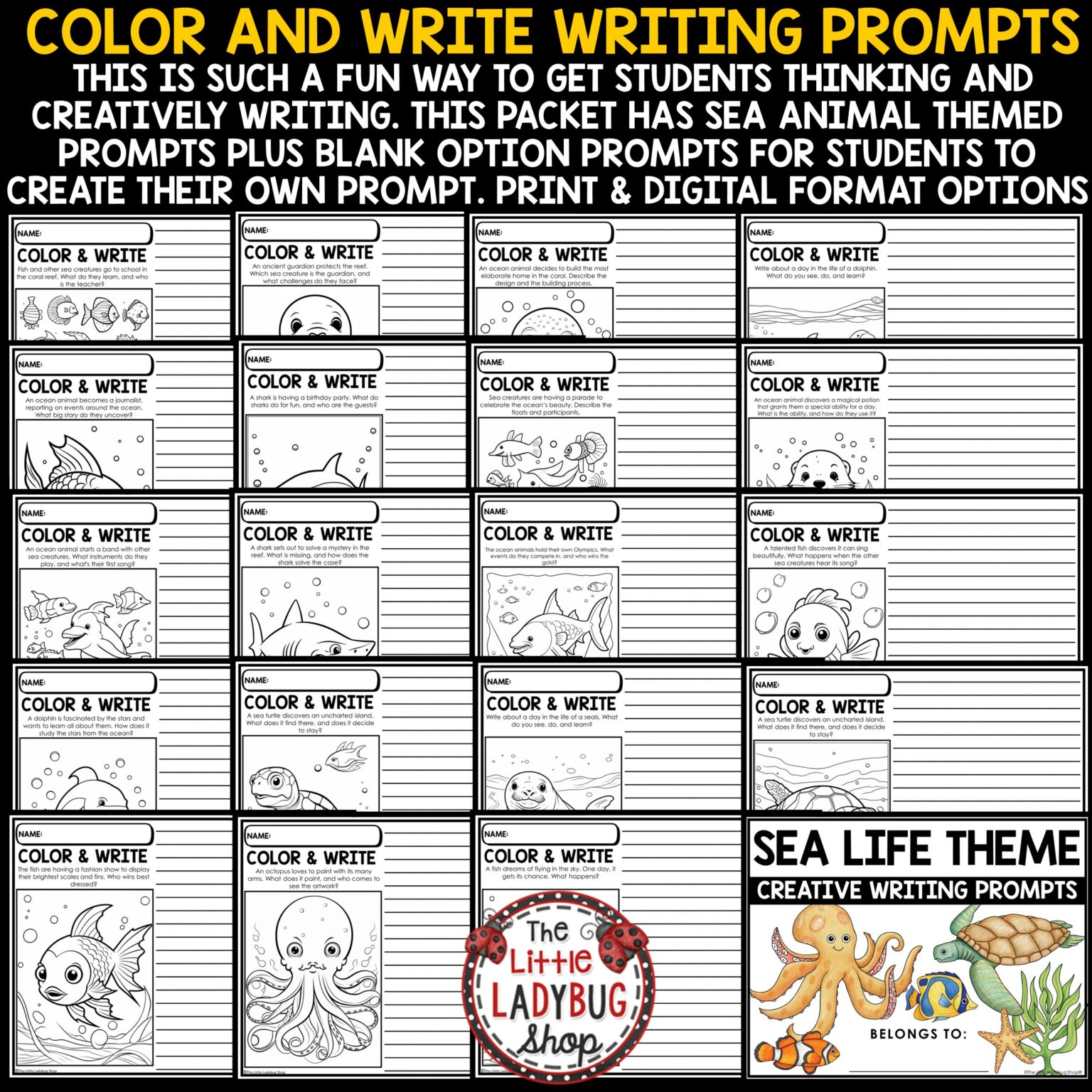 Sea Ocean Animals Coloring Pages Summer Writing Prompts - The Little ...