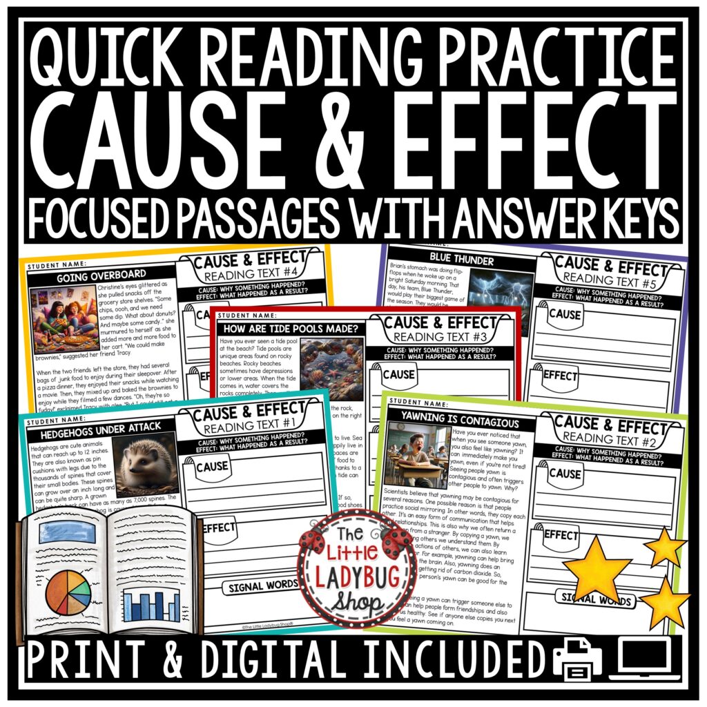 Cause and Effect Reading Comprehension Passages Graphic Organizers ...