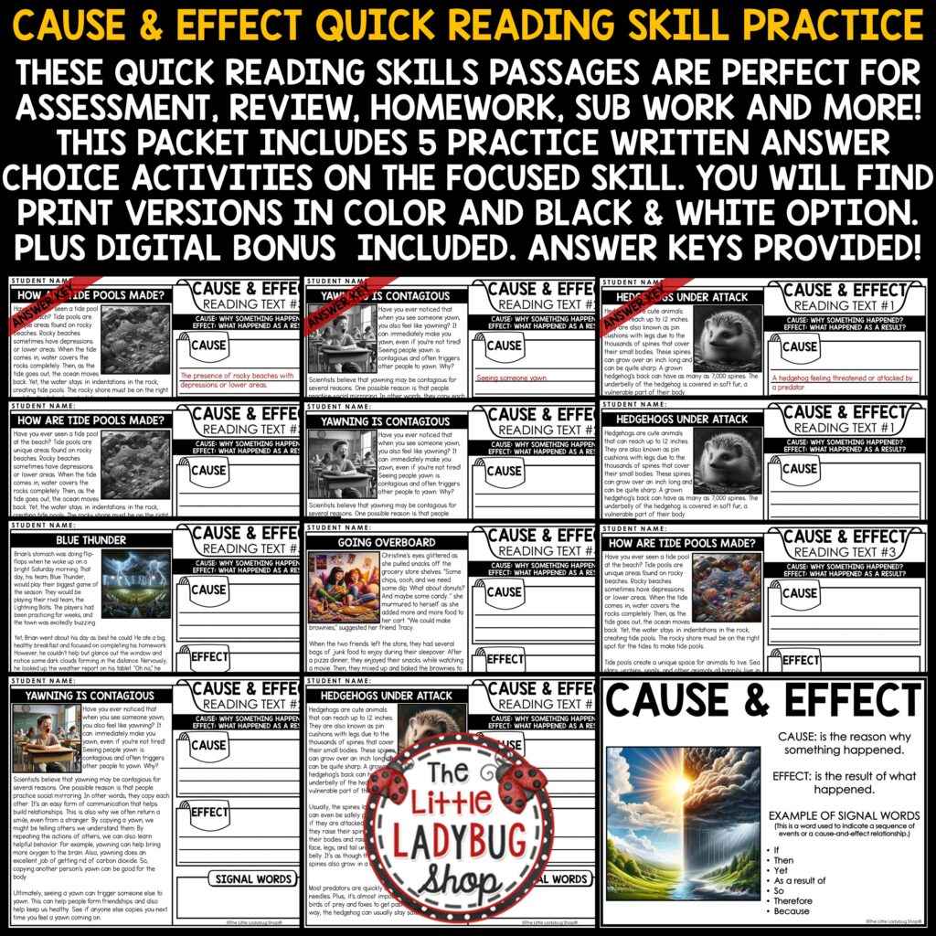 Cause and Effect Reading Comprehension Passages Graphic Organizers ...