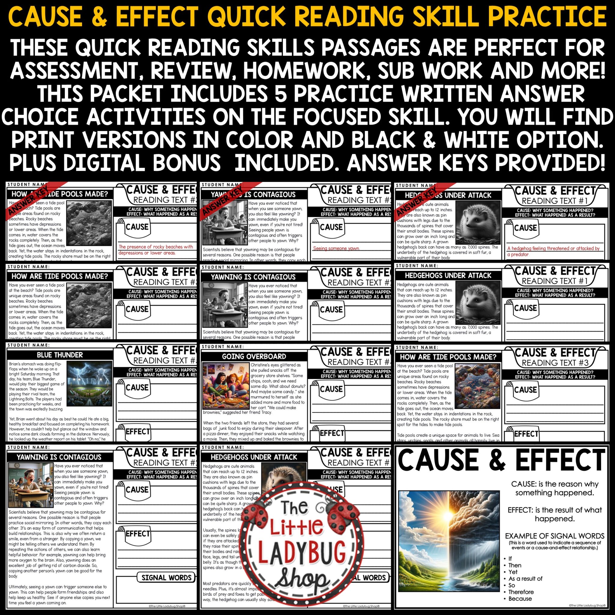 Cause and Effect Reading Comprehension Passages Graphic Organizers ...