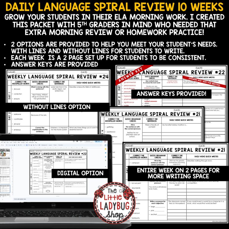 Daily ELA Spiral Grammar Language Review 5th Grade - The Little Ladybug ...
