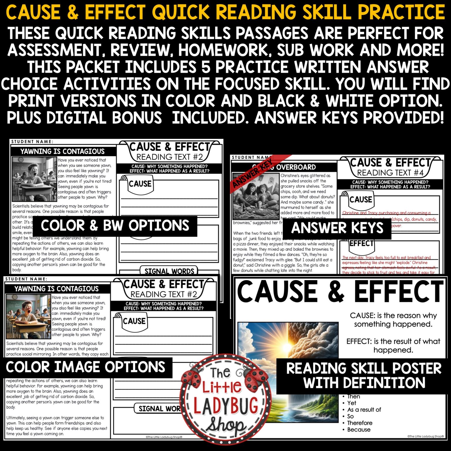 Cause and Effect Reading Comprehension Passages Graphic Organizers ...