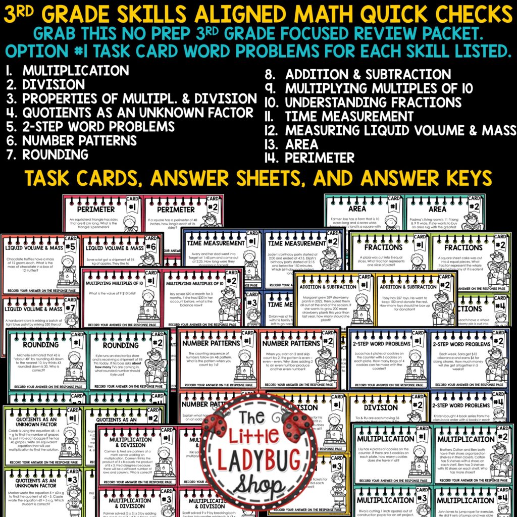 3rd Grade Math Review Practice Worksheets Task Card Quiz - The Little ...