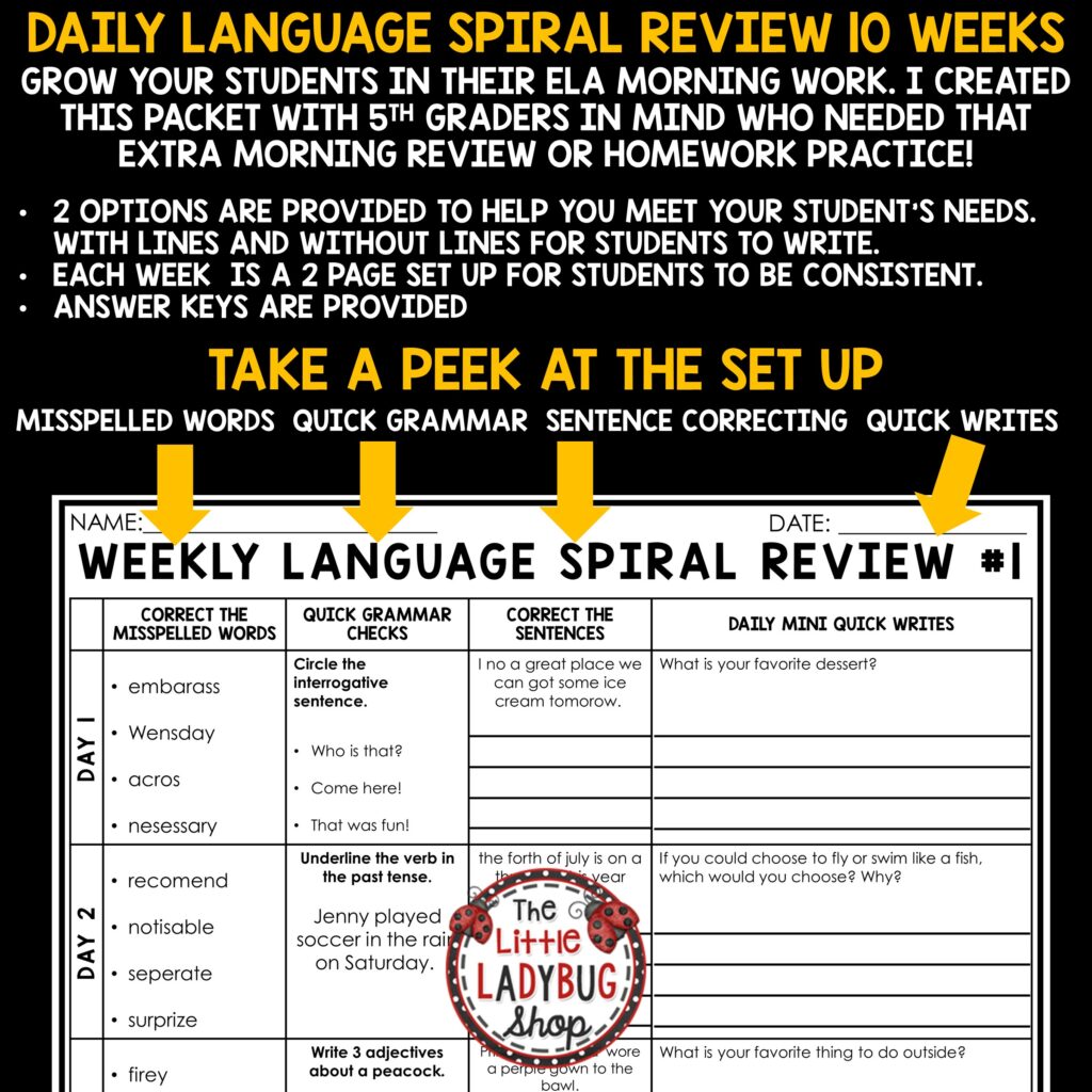 5th Grade Daily ELA Spiral Language Review Grammar Practice - The ...