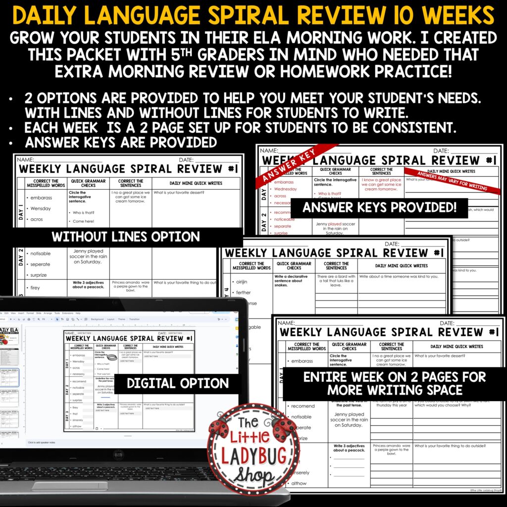 5th Grade Daily ELA Spiral Language Review Grammar Practice - The ...