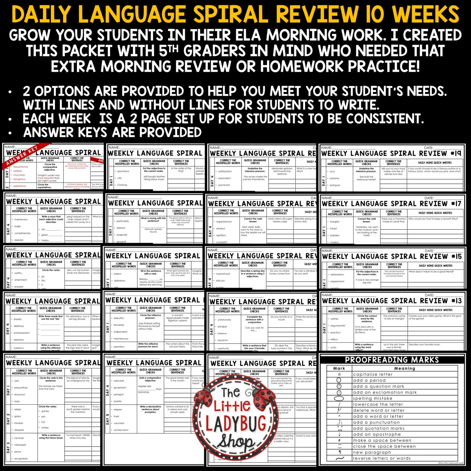5th Grade Daily ELA Spiral Grammar Language Review - The Little Ladybug ...
