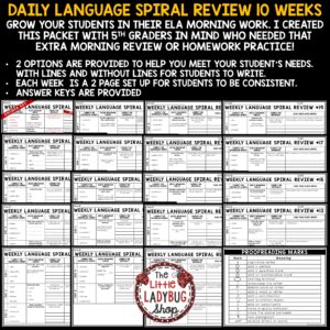 5th Grade Daily ELA Spiral Grammar Language Review - The Little Ladybug ...