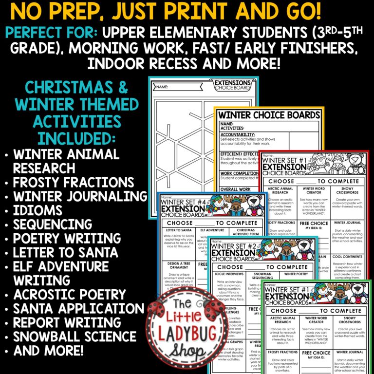 December Winter Fast Finishers Choice Boards 3rd 4th Grade - The Little ...