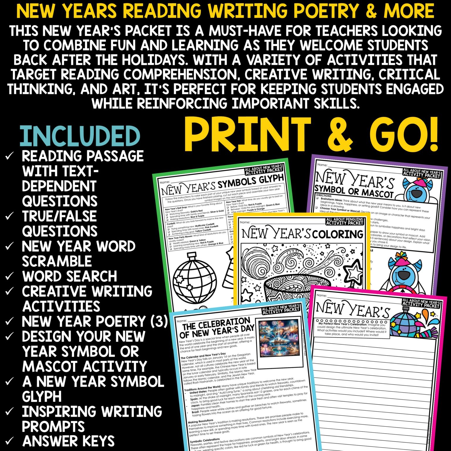 New Year's Reading Passage Writing Prompts New Year's Coloring - The ...