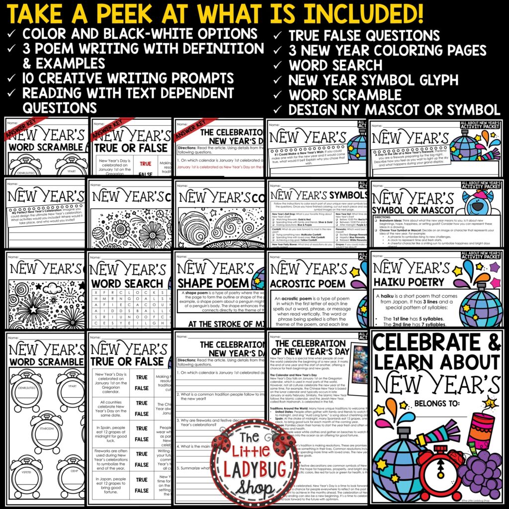 New Year's Reading Passage Writing Prompts New Year's Coloring - The ...