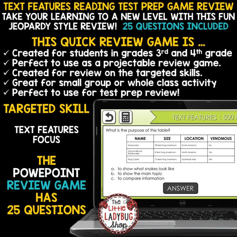 Reading Review Test Prep 3rd 4th Grade Reading Jeopardy Game Show - The ...