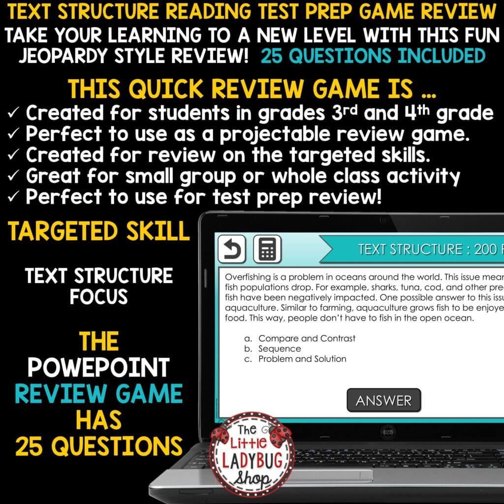 Text Structure 3rd 4th Grade Reading Review Jeopardy Game - The Little ...