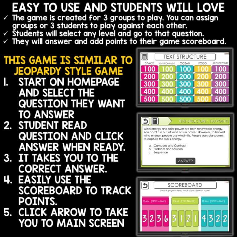 Text Structure 3rd 4th Grade Reading Review Jeopardy Game - The Little ...
