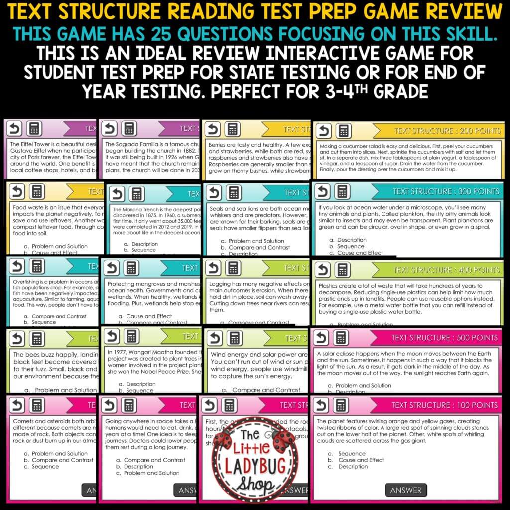 Text Structure 3rd 4th Grade Reading Review Jeopardy Game - The Little ...