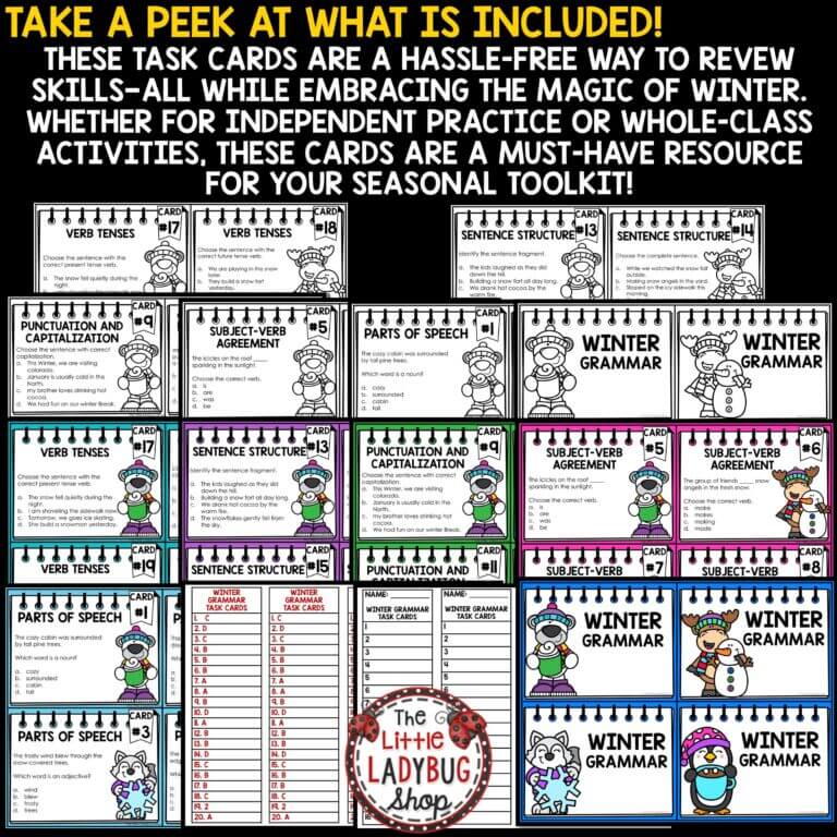 Winter Grammar Review Task Cards Parts of Speech Verbs - The Little ...