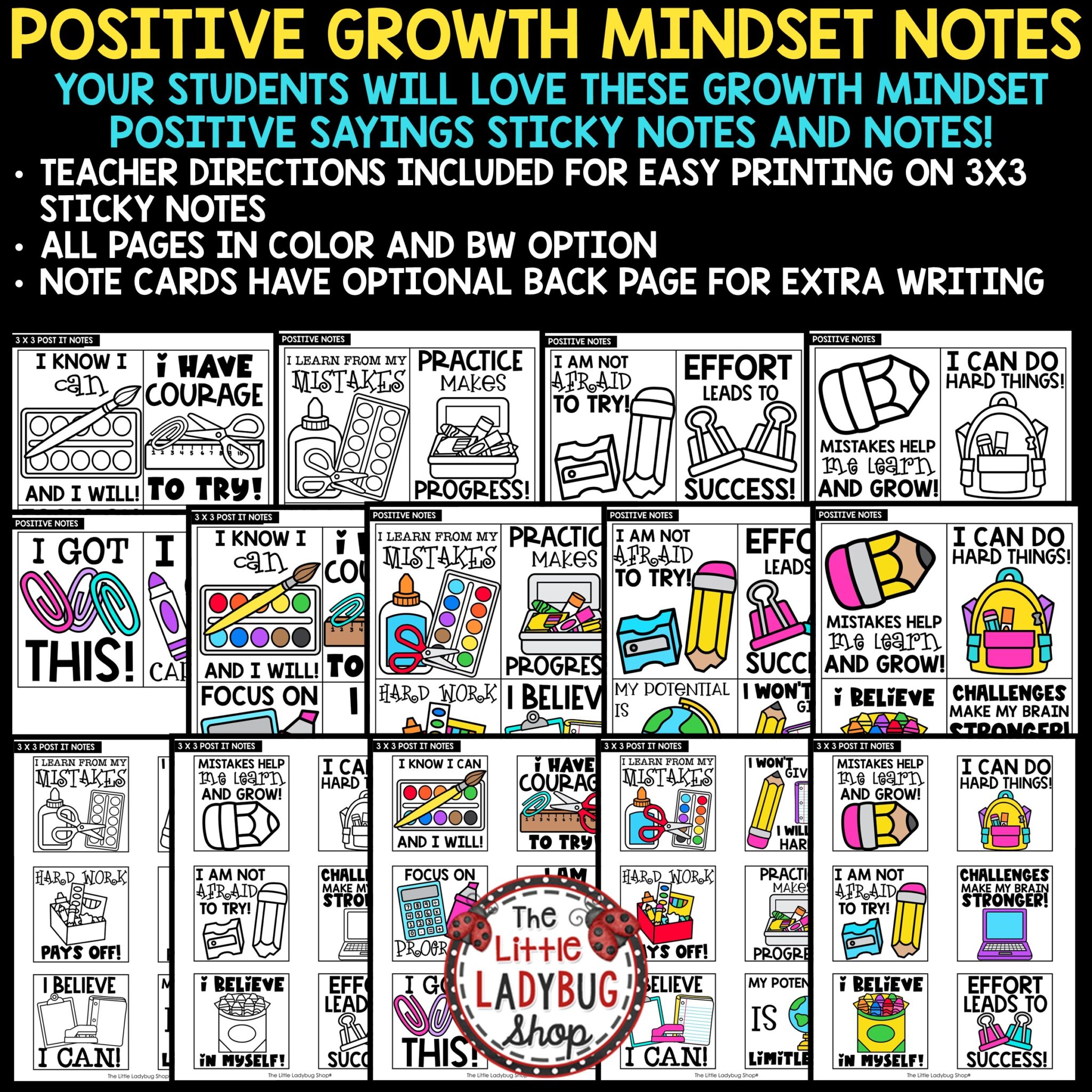 Growth Mindset Positive Affirmations Sticky Notes Home - The Little ...