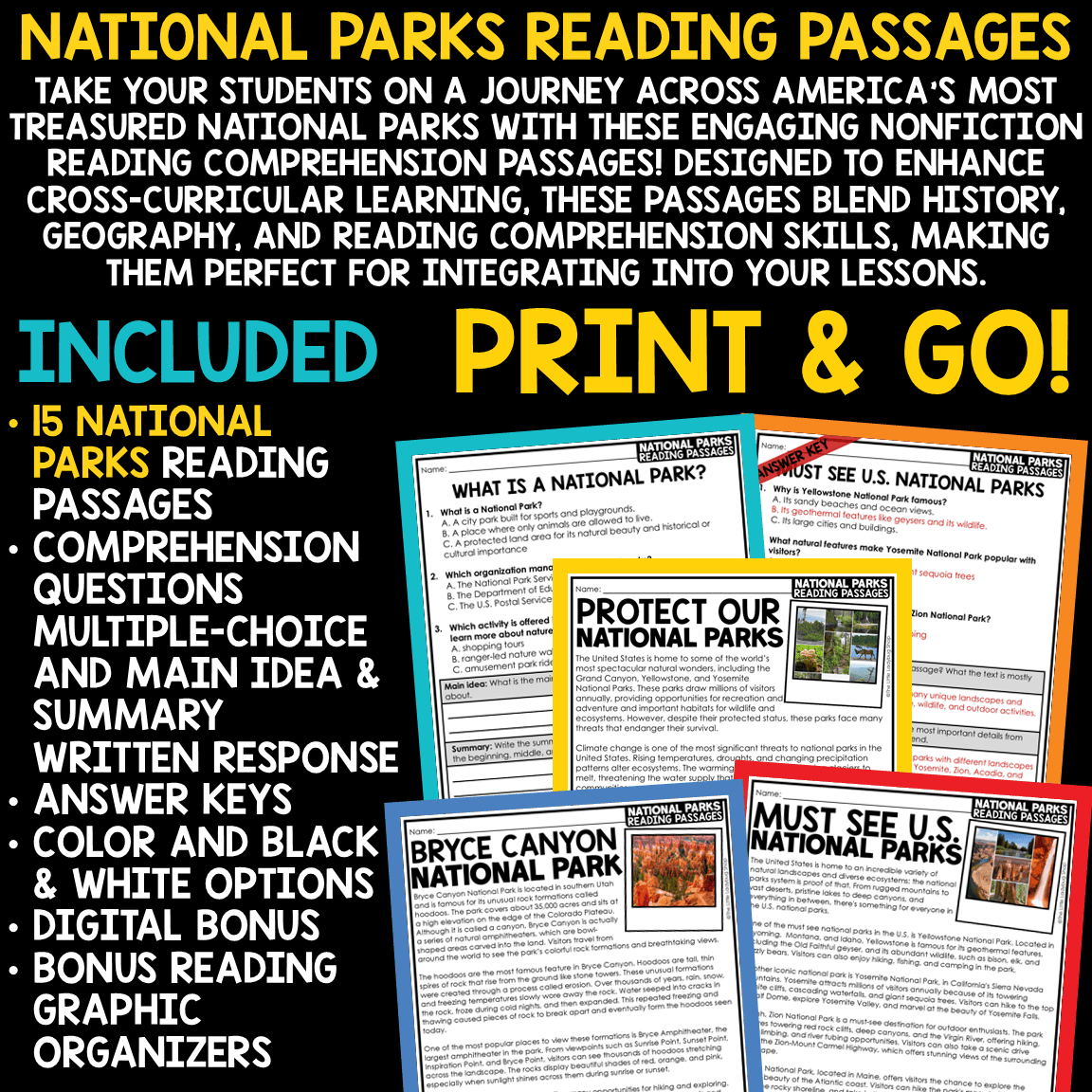 Geography Landmarks US National Parks Reading Comprehension Passages ...