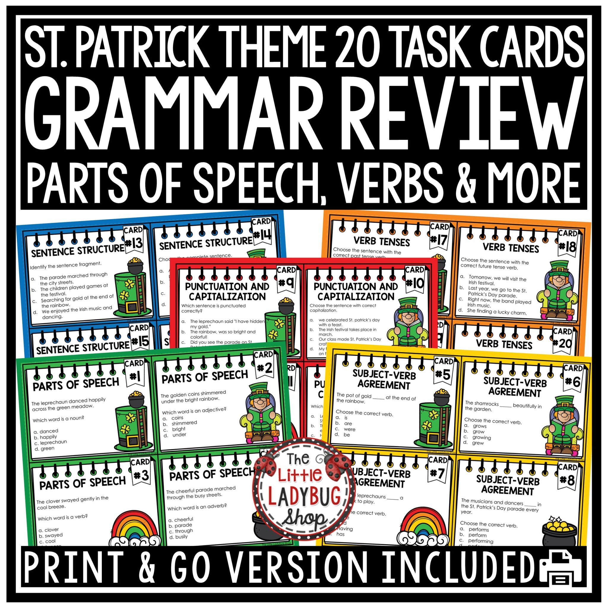 St. Patrick's Day Grammar Review Worksheets Activities Task Cards - The ...