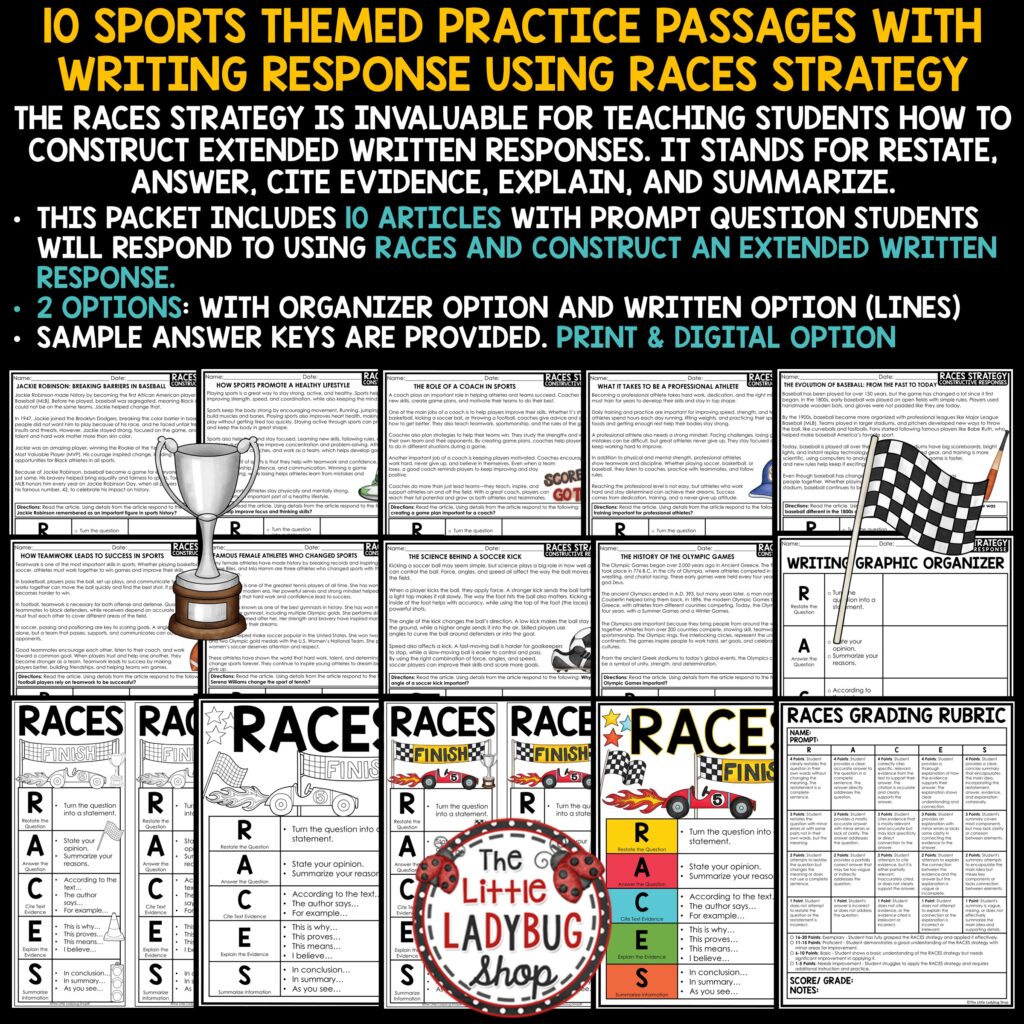 RACES Writing Strategy Practice Worksheets Citing Text Evidence - The ...