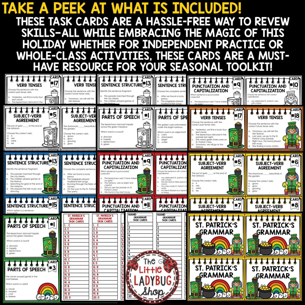 St. Patrick's Day Grammar Review Worksheets Activities Task Cards - The ...