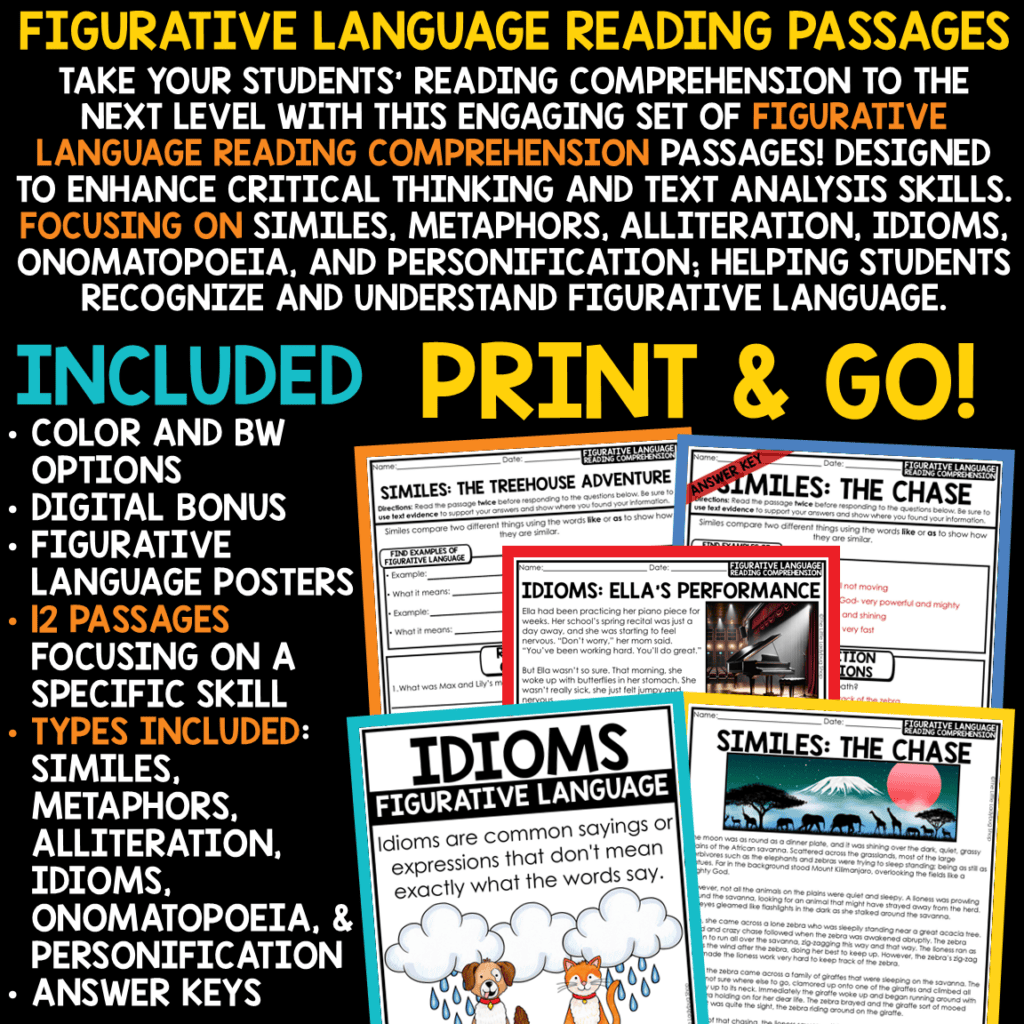 Figurative Language Reading Comprehension Passages 3rd 4th Grade - The ...