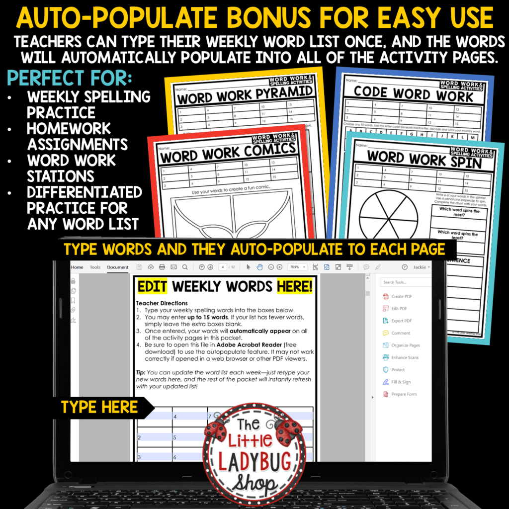 Editable Spelling Word Work Activities Practice Worksheets - The Little ...