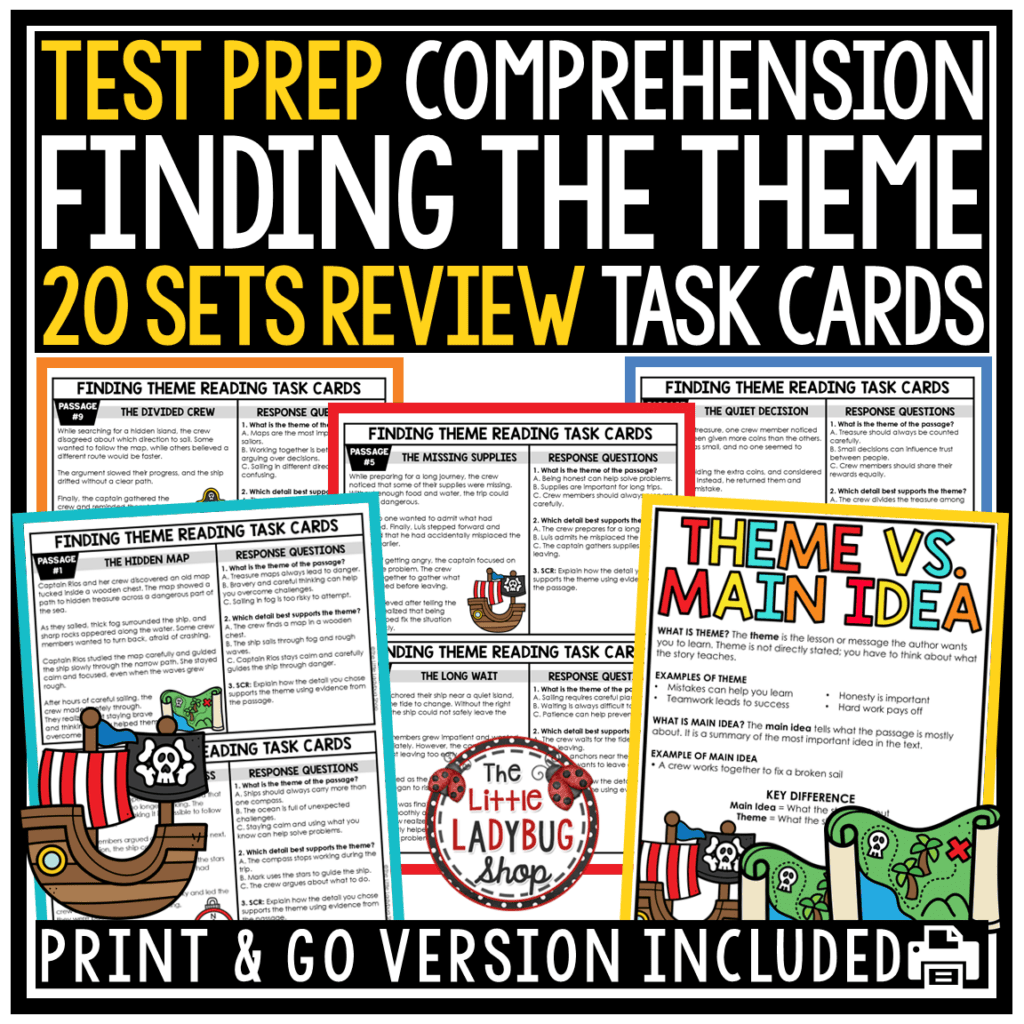 3rd 4th 5th Grade Finding Teaching the Theme Task Cards Test Prep - The ...